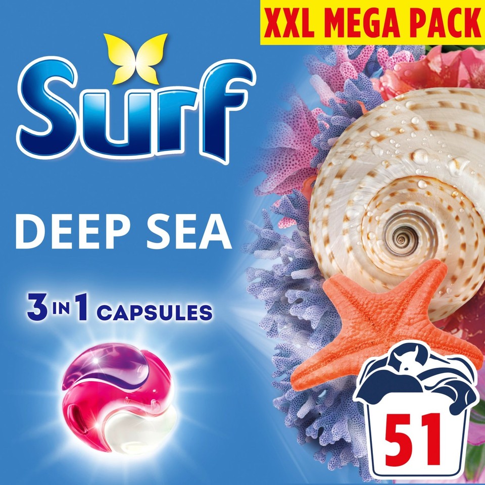 Surf 3 in 1 Laundry Washing Detergent Capsules Deep Sea 51 Washes ...