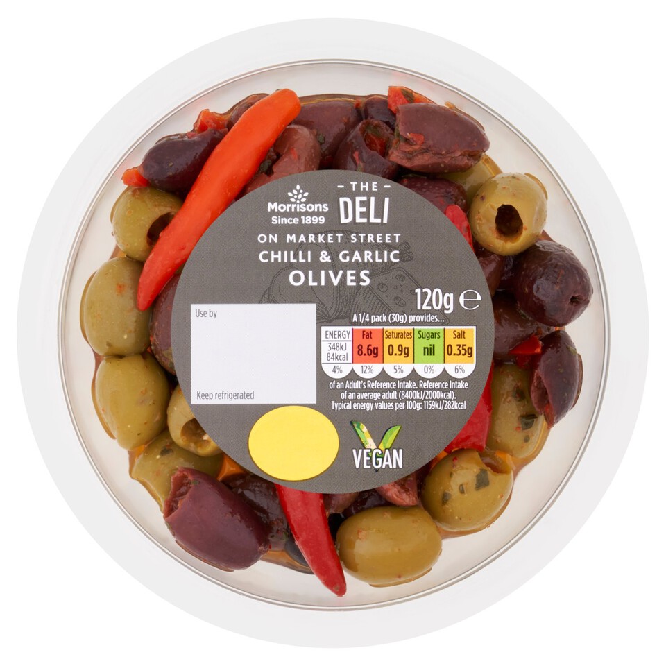 Morrisons Deli Chilli & Garlic Olives 120g - Morrisons Online Groceries ...