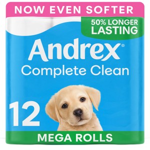 Andrex Complete Clean Toilet Tissue 12 Mega Rolls 50% More Sheets ...