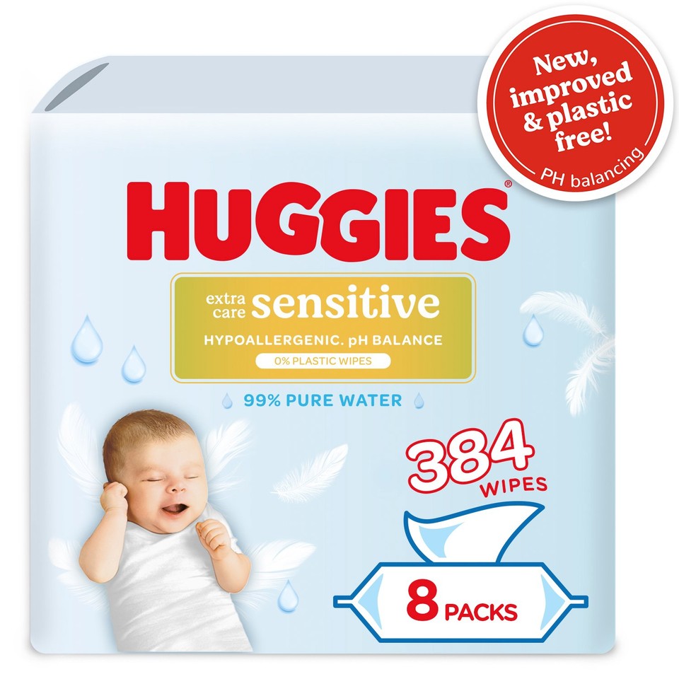 Huggies Pure Extra Care Sensitive Plastic Free Baby Wipes 8 x 48 Pack ...