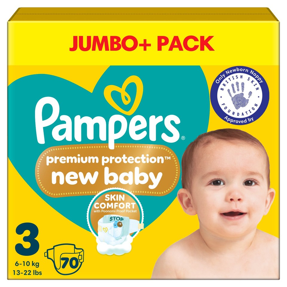 Pampers Premium Protection New Baby Size 3, 70 Nappies Jumbo+ Pack ...