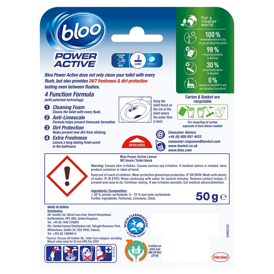 Bloo Power Active Rim Block Lemon 50G - Morrisons Online Groceries & Offers