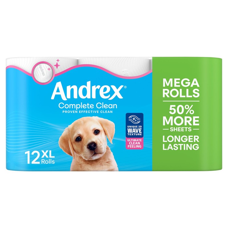 Andrex Complete Clean Toilet Tissue 12 Mega Rolls 50% More Sheets ...