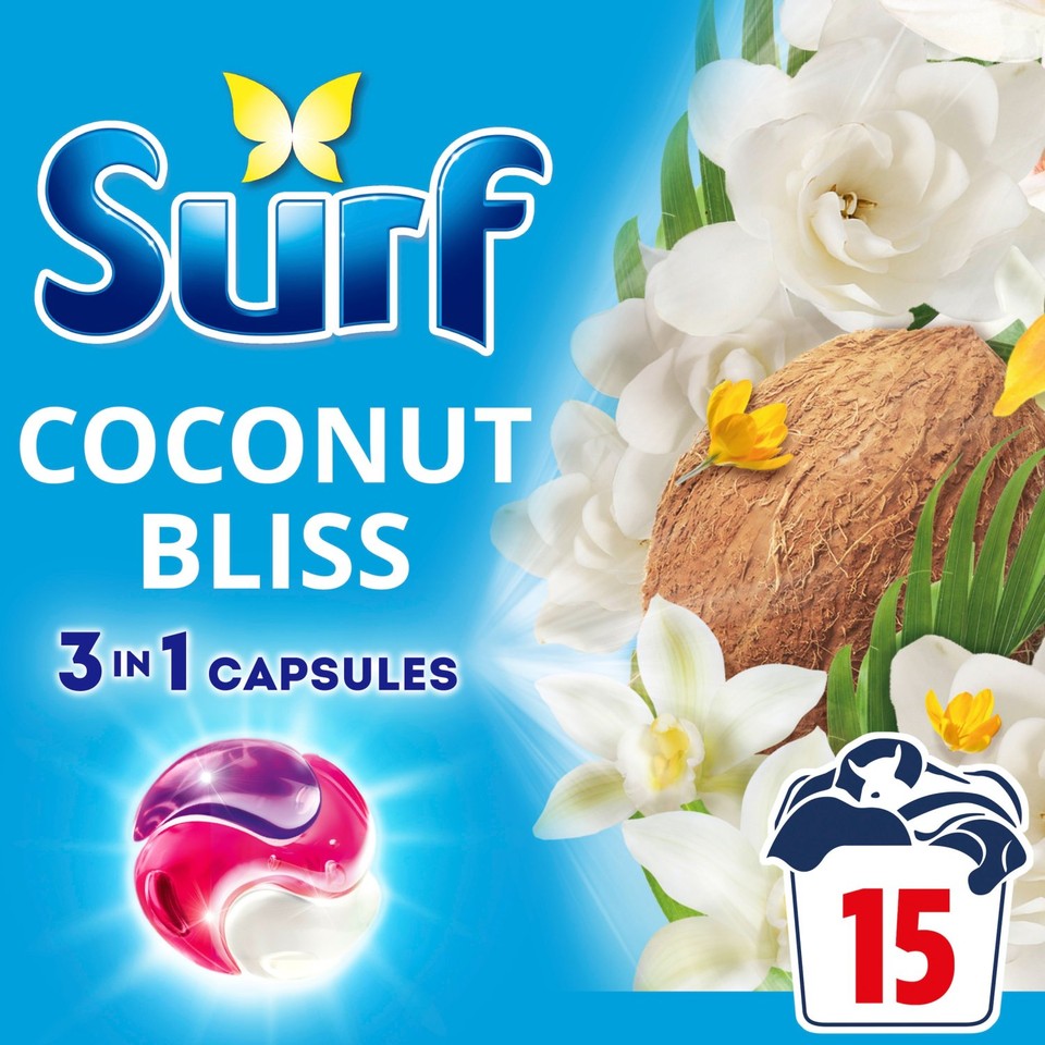 Surf 3 in 1 Laundry Washing Detergent Capsules Coconut Bliss 15 Washes ...