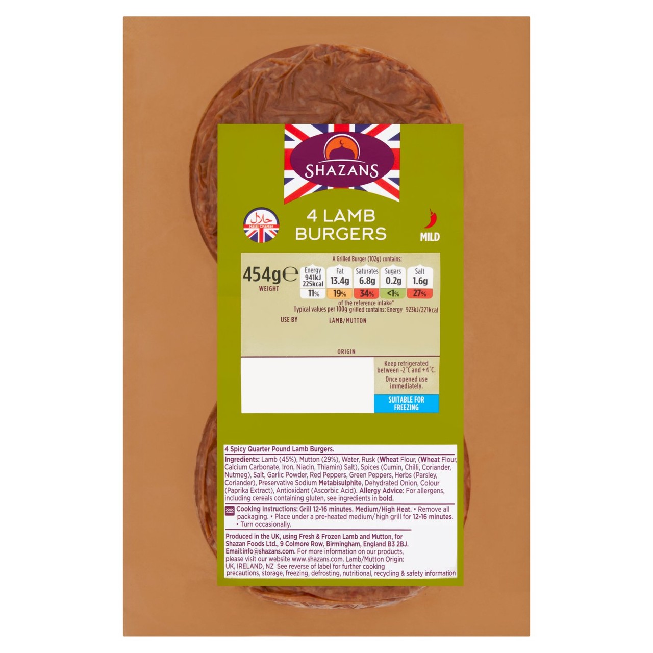 Shazans 4 Halal Lamb Burgers 454g - Morrisons Online Groceries & Offers