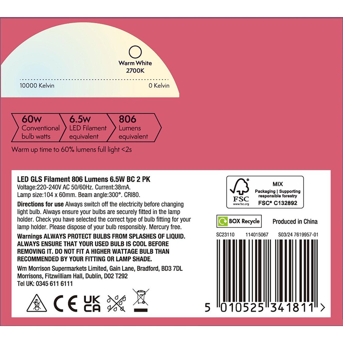 Morrisons LED GLS Filament 806 Lumens 6.5W BC - Morrisons Online ...