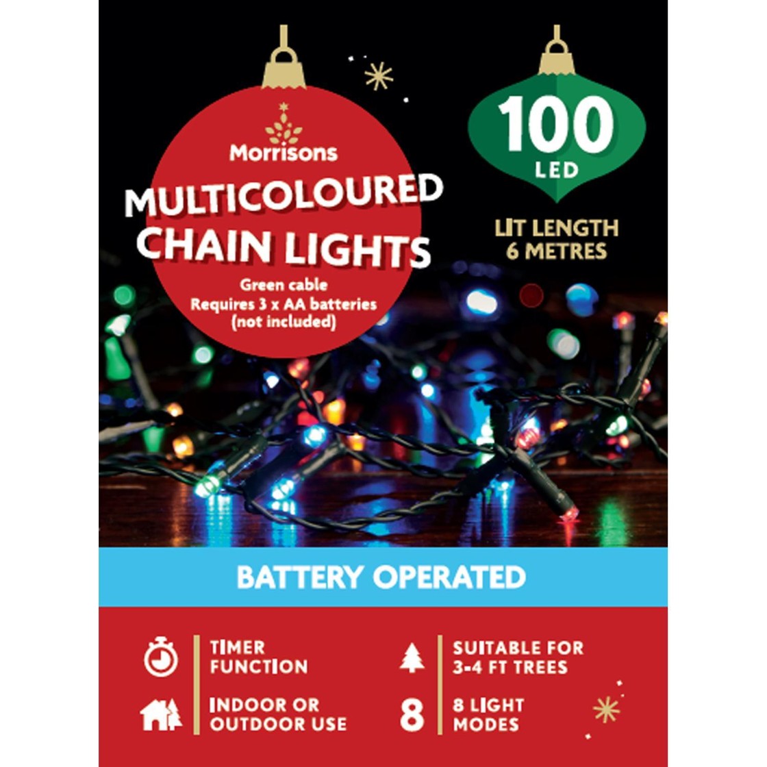 Morrisons 100 Led Battery Operated Lights Multi Colour/ Green Cable ...