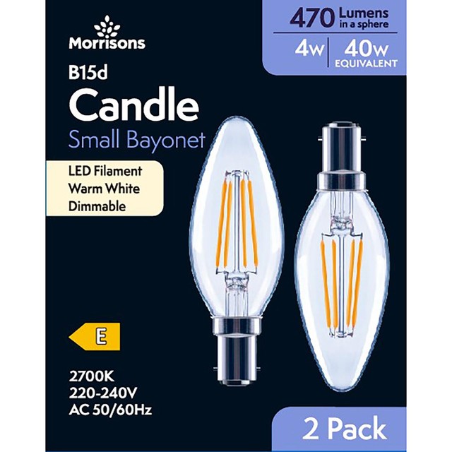 Morrisons LED Filament Candle 470 Lumens Sbc 4W Dimmable - Morrisons ...