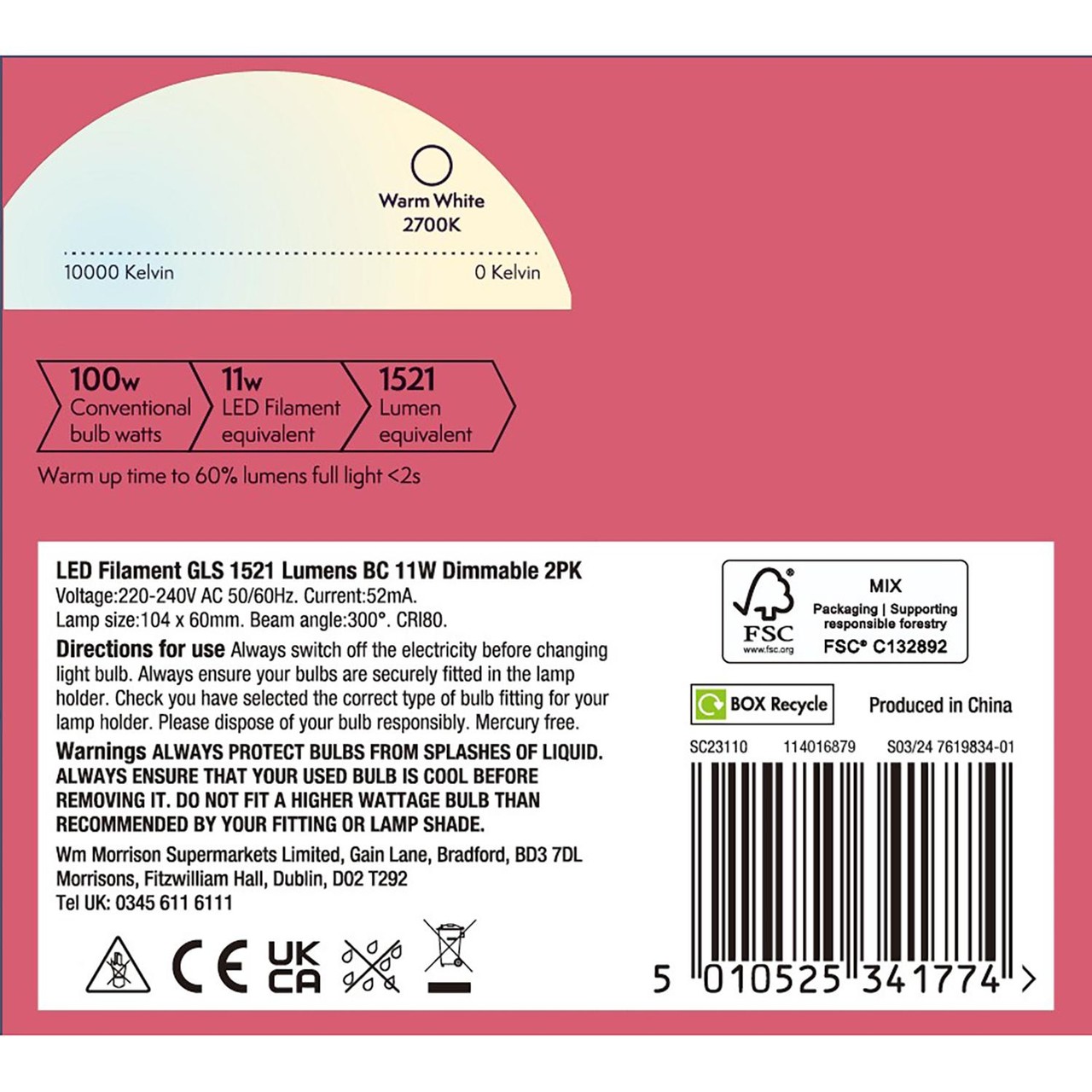 Morrisons LED Filament GLS 1521 Lumens BC 11W Dimmable - Morrisons ...