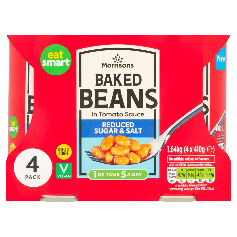 Morrisons Reduced Sugar & Salt Baked Beans in Tomato Sauce 4 x 410g ...