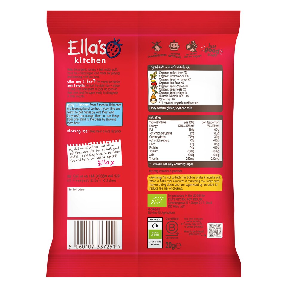 Ella's Kitchen Organic Tomato and Leek Melty Puffs Baby Snack 6+ Months ...
