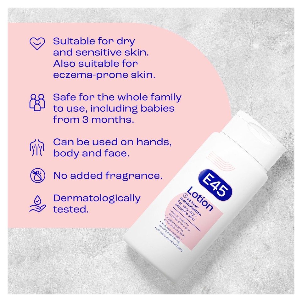 E45 Moisturiser Lotion, body, face and hands lotion For Very Dry Skin ...