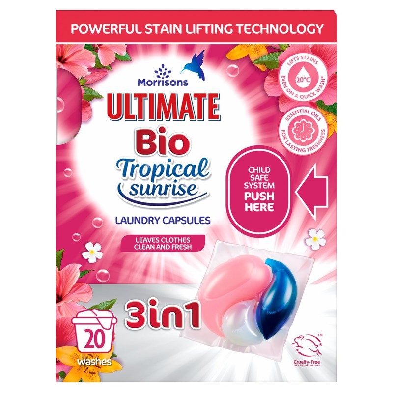 Morrisons 3 in 1 Ultimate Bio Tropical Sunrise Laundry Capsules 20 ...