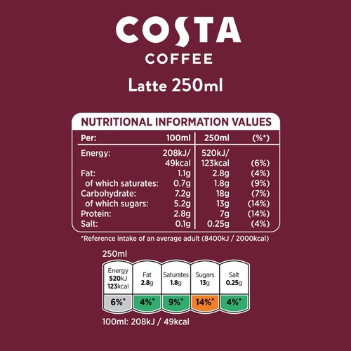 Costa Coffee Classic Latte Iced Coffee 250ml - Morrisons Online ...