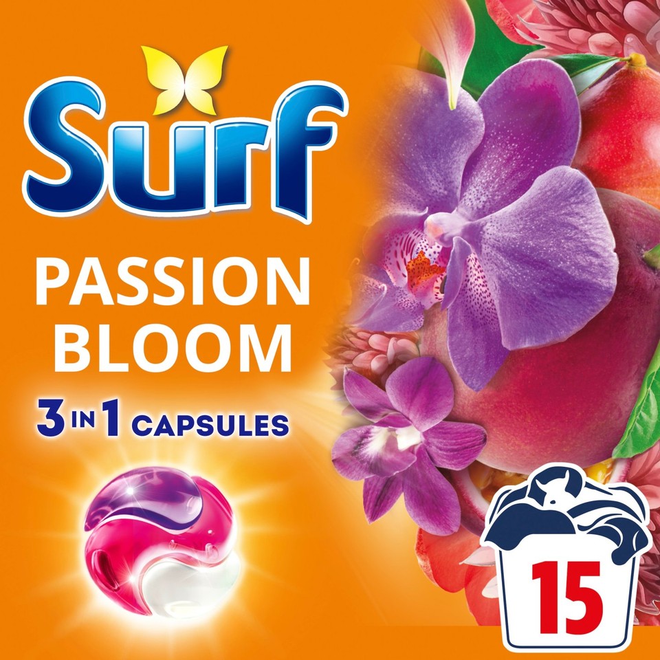 Surf 3 in 1 Laundry Washing Detergent Capsules Passion Bloom 15 Washes ...