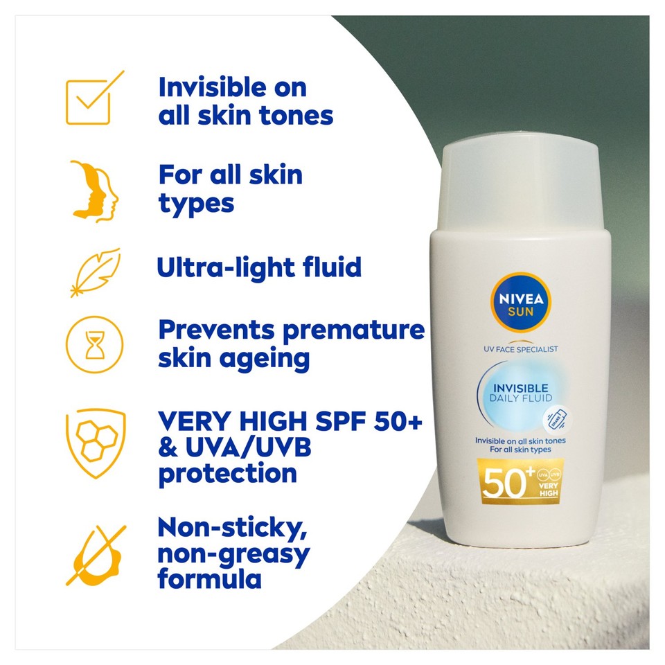 Nivea Sun UV Face Invisible Daily Fluid SPF 50+ 40ml - Morrisons Online Groceries & Offers