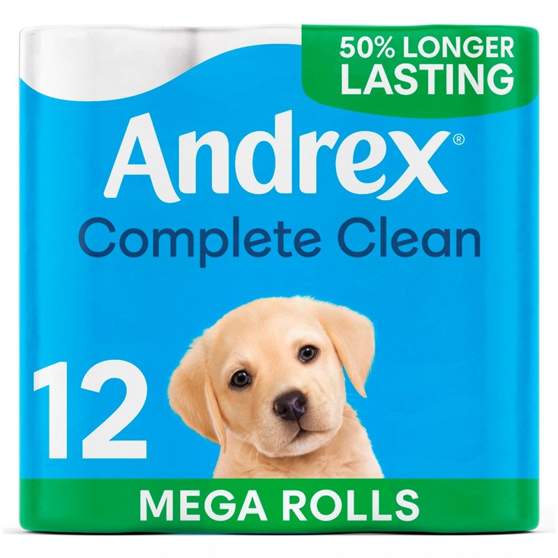 Andrex Complete Clean Toilet Tissue 12 Mega Rolls 50% More Sheets ...