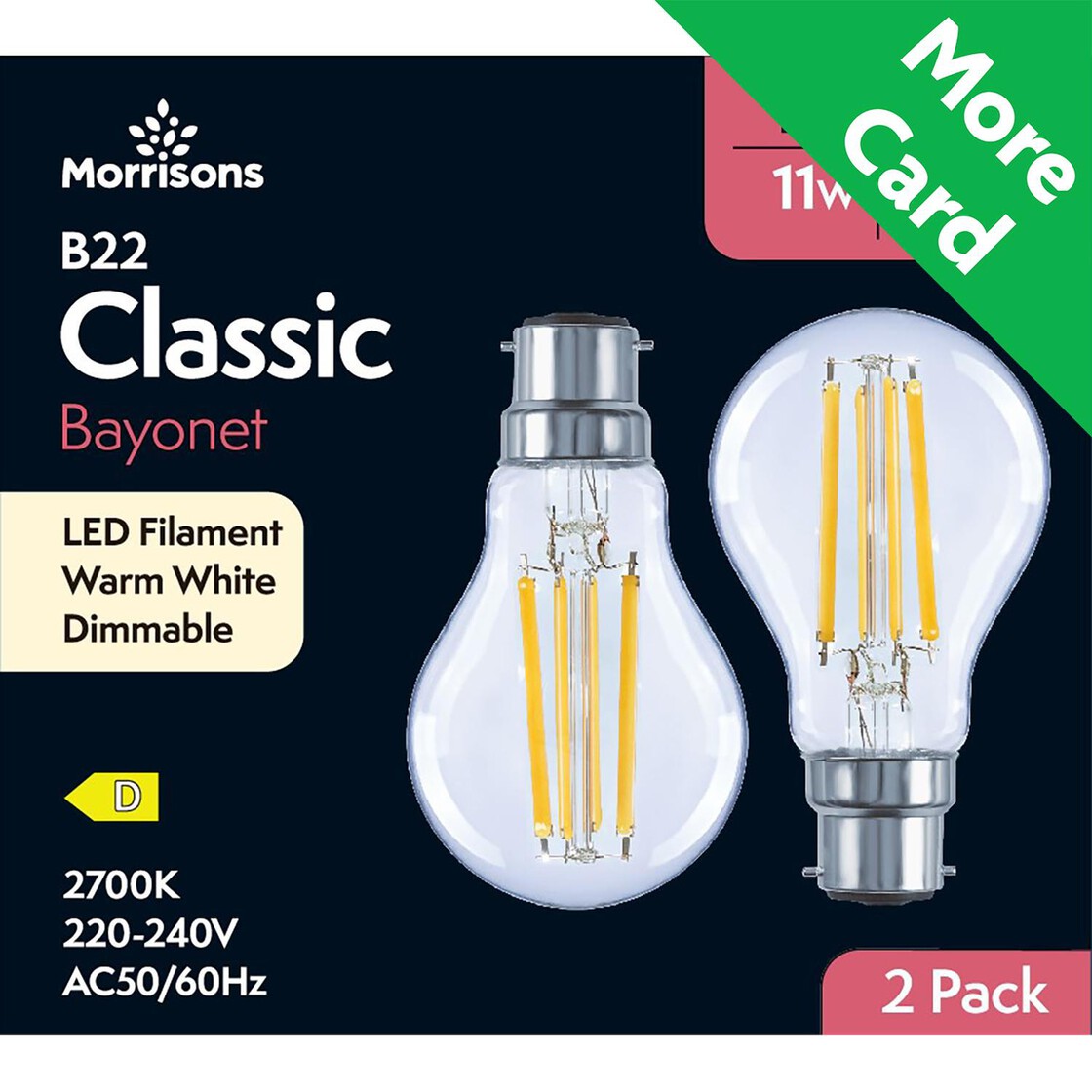 Morrisons LED Filament GLS 1521 Lumens BC 11W Dimmable - Morrisons ...