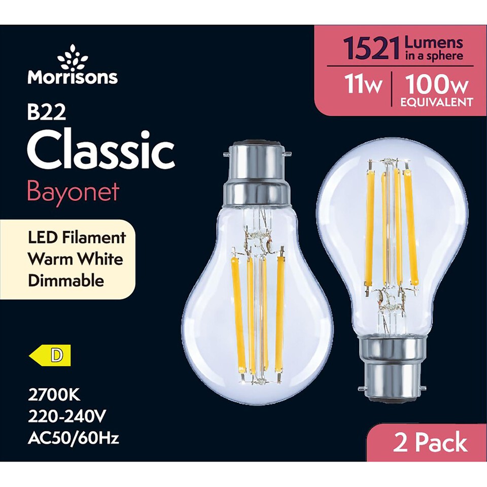 Morrisons LED Filament GLS 1521 Lumens BC 11W Dimmable - Morrisons ...
