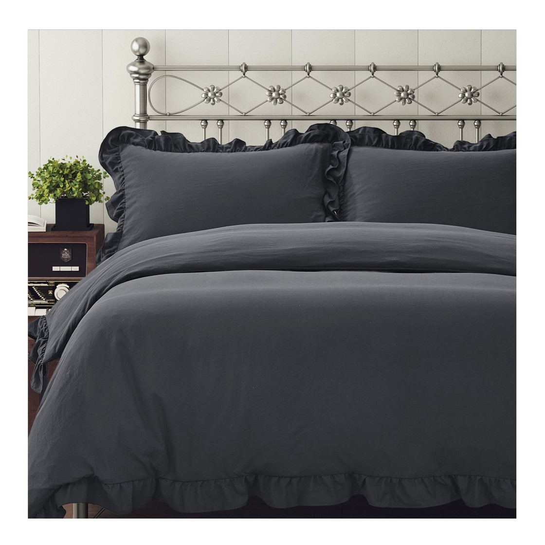 Nutmeg Home Charcoal Frill Soft Touch Duvet Set Double - Morrisons ...