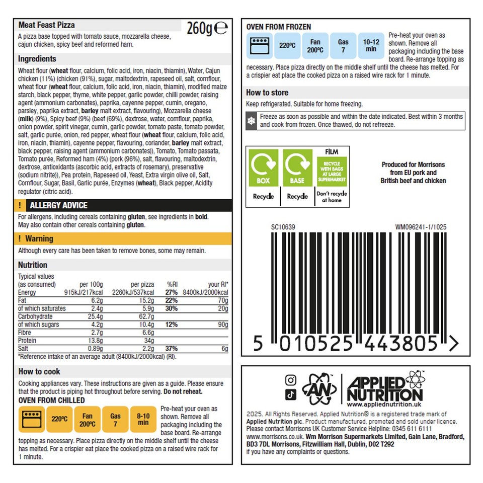 Applied Nutrition Meat Feast Pizza 260g - Morrisons Online Groceries ...