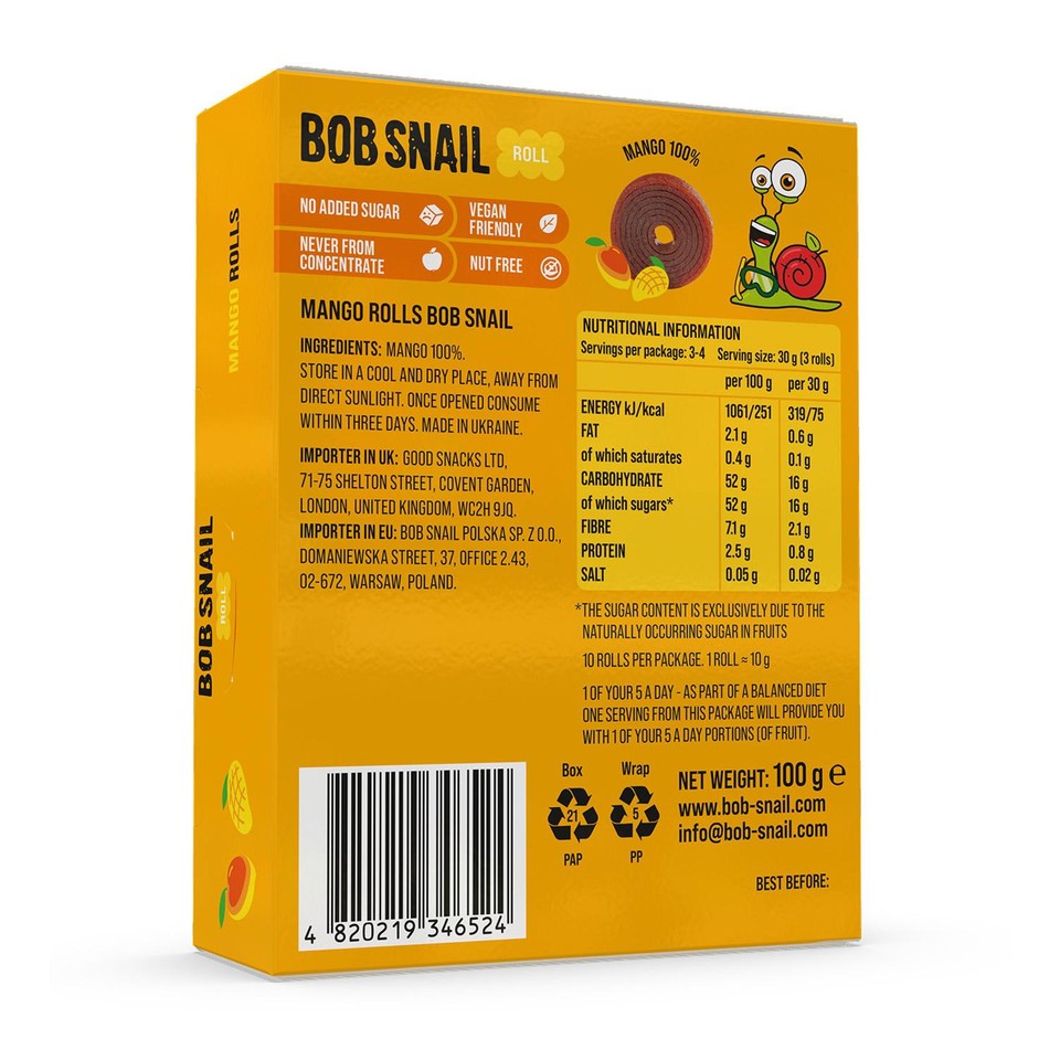 Bob Snail Mango Fruit Rolls 100g - Morrisons Online Groceries & Offers