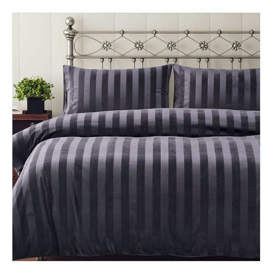 Nutmeg Home Charcoal Velvet Stripe Duvet Set Double - Morrisons Online ...