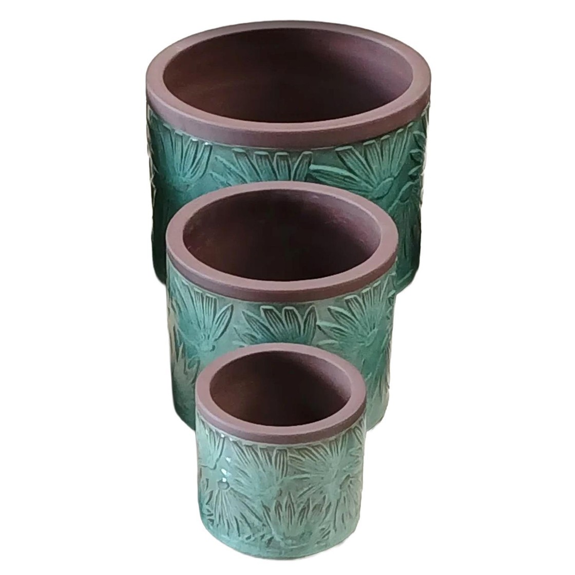 Nutmeg Green Floral Set Of 3 With Choc Rim Pot Planters - Morrisons ...