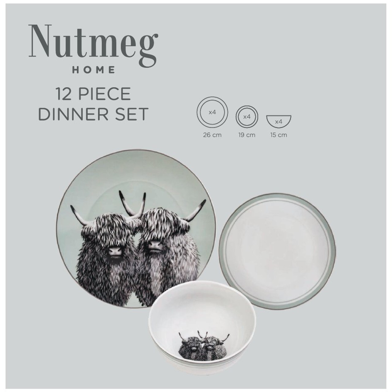 Nutmeg Home Highland Cow 12pc Porcelain Dinner Set - Morrisons Online ...