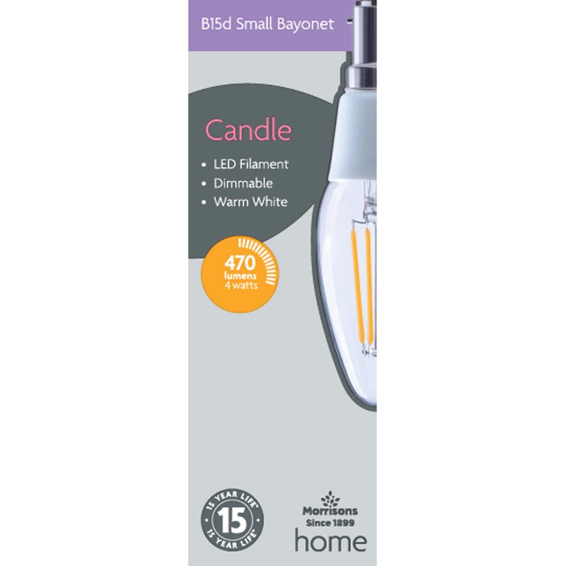 Morrisons LED Filament Candle 470 Lumens Sbc 4W Dimmable Light Bulb ...