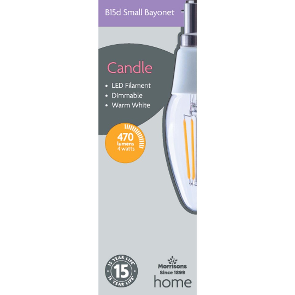 Morrisons LED Filament Candle 470 Lumens Sbc 4W Dimmable Light Bulb ...