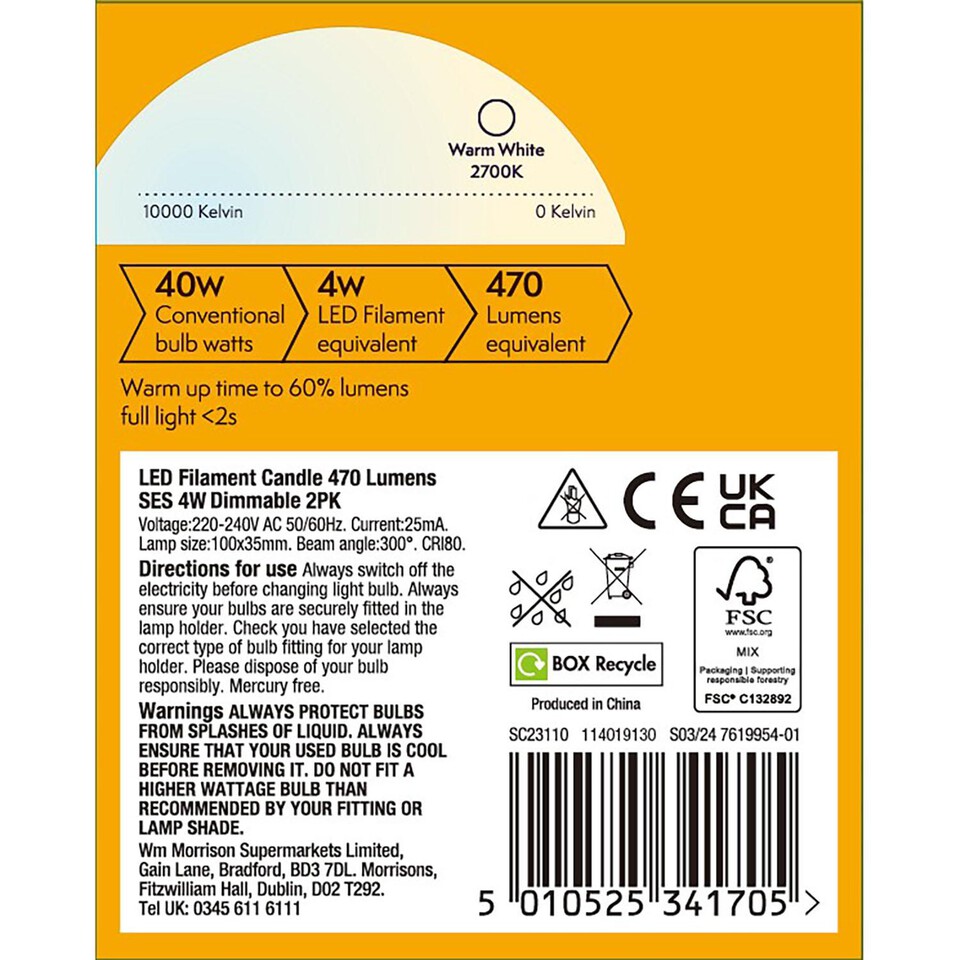 Morrisons LED Candle 470 Lumens SES 4W Dimmable - Morrisons Online ...