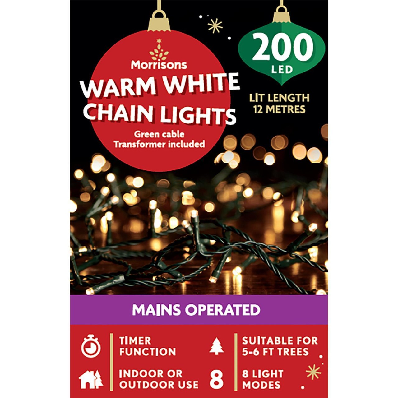 Morrisons 200 Led Mains Operated Lights Warm White/ Green Cable ...
