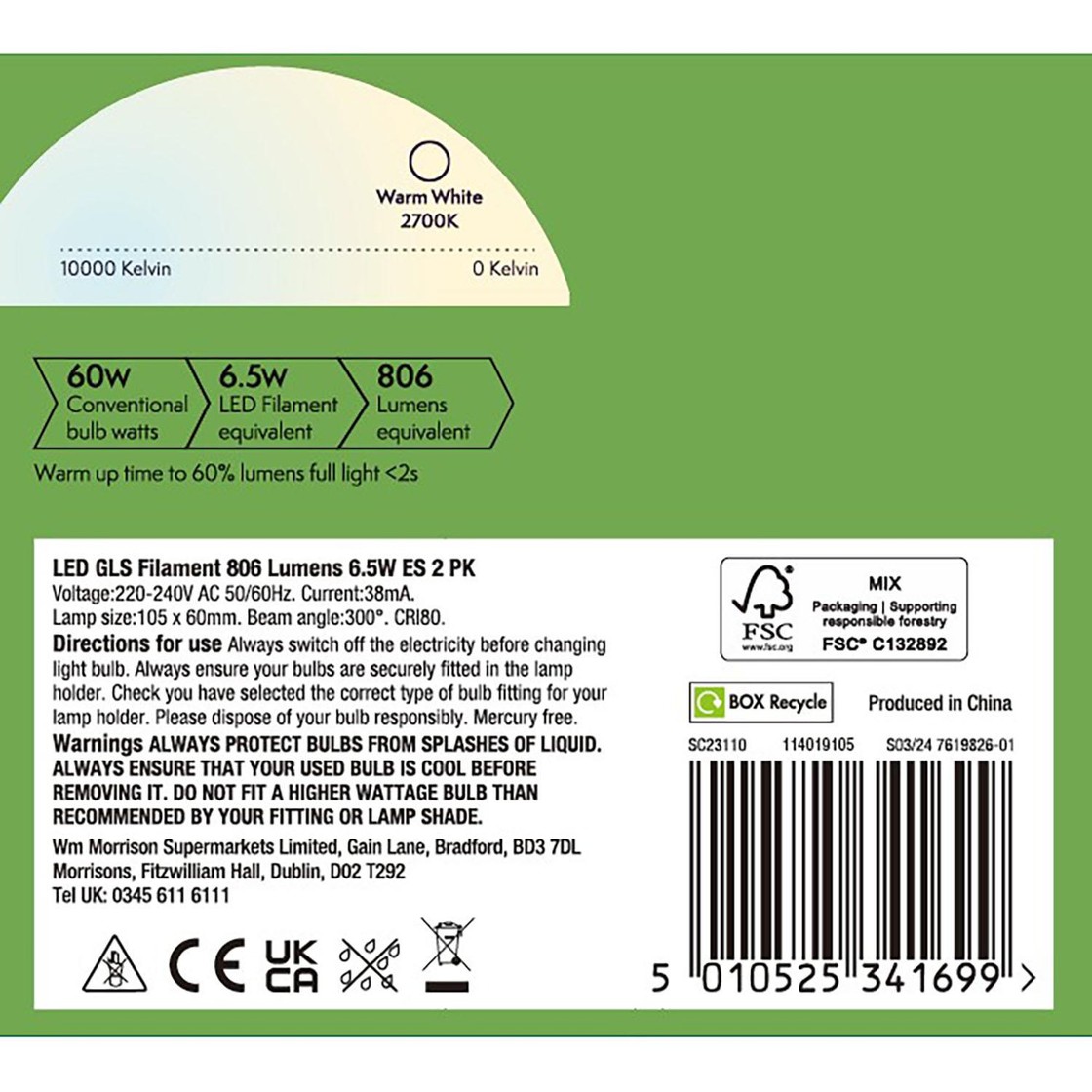 Morrisons LED GLS Filament E27 Screw 806 Lumens 6.5W - Morrisons Online ...