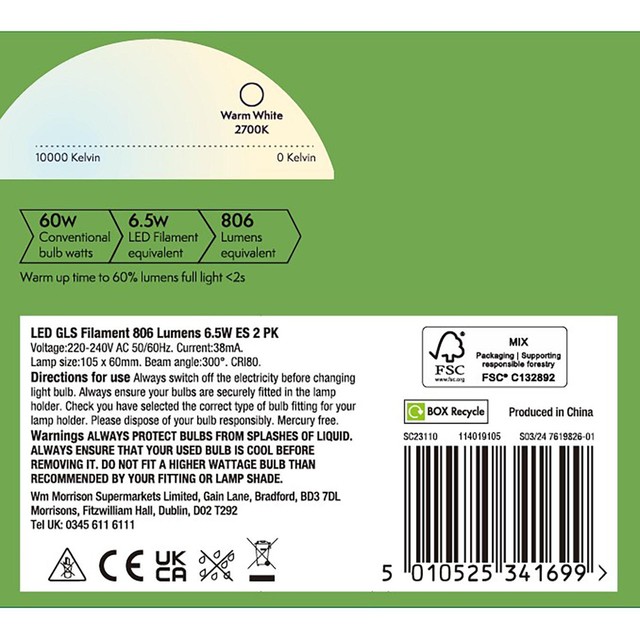 Morrisons LED GLS Filament E27 Screw 806 Lumens 6.5W - Morrisons Online ...