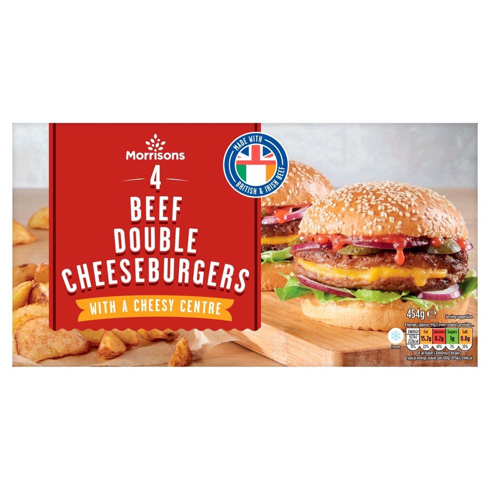 Morrisons 4 Beef Double Cheeseburgers With a Cheesy Centre 454g ...