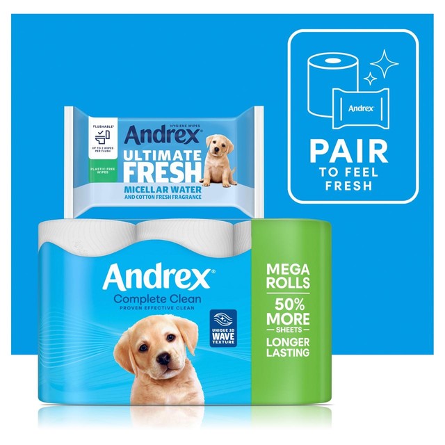 Andrex Complete Clean Toilet Tissue 12 Mega Rolls 50% More Sheets ...