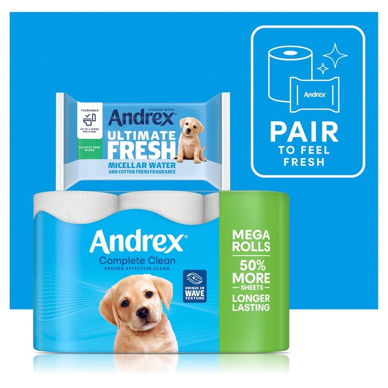Andrex Complete Clean Toilet Tissue 12 Mega Rolls 50% More Sheets ...