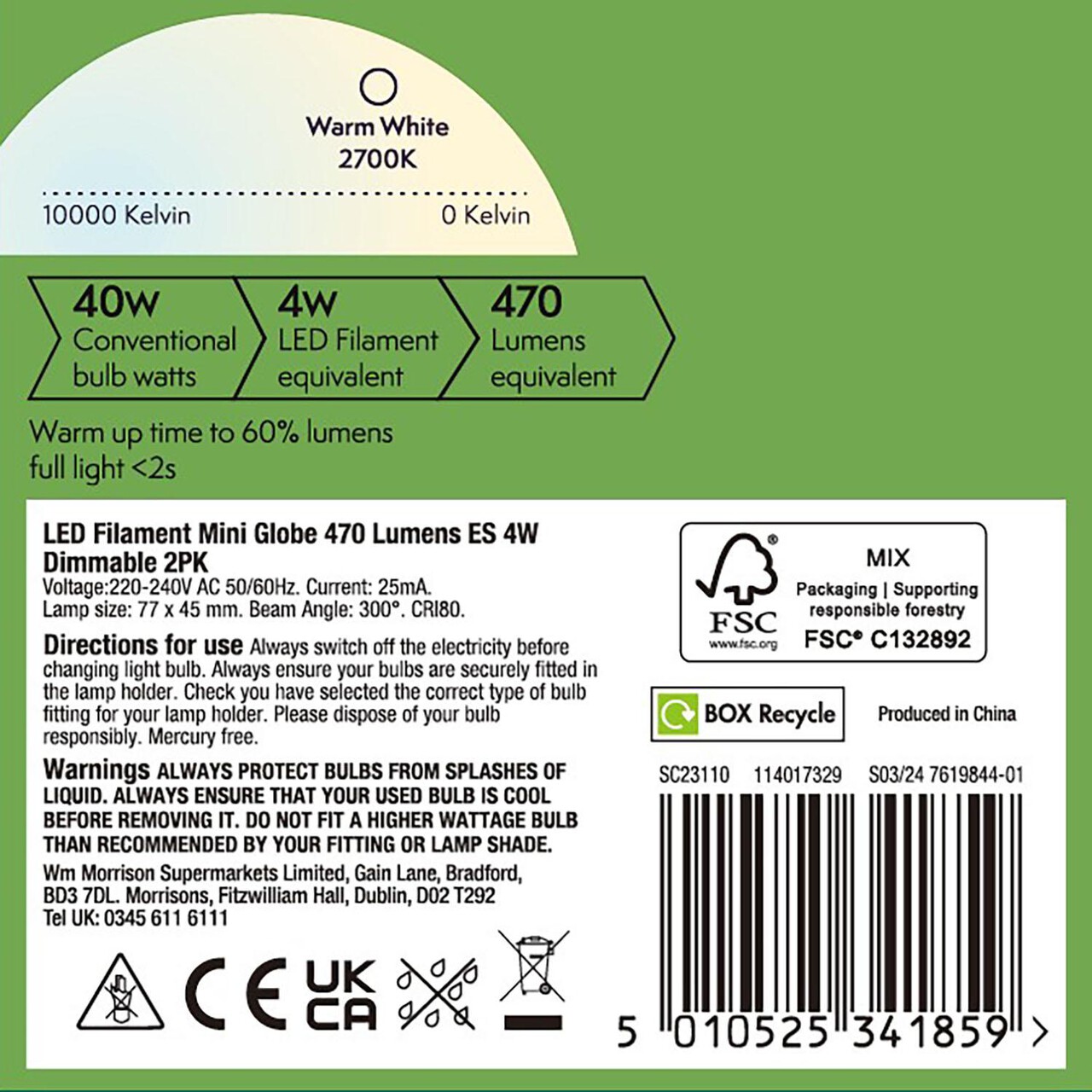 Morrisons LED Mini Globe 470 Lumens ES 4W Dimmable - Morrisons Online ...