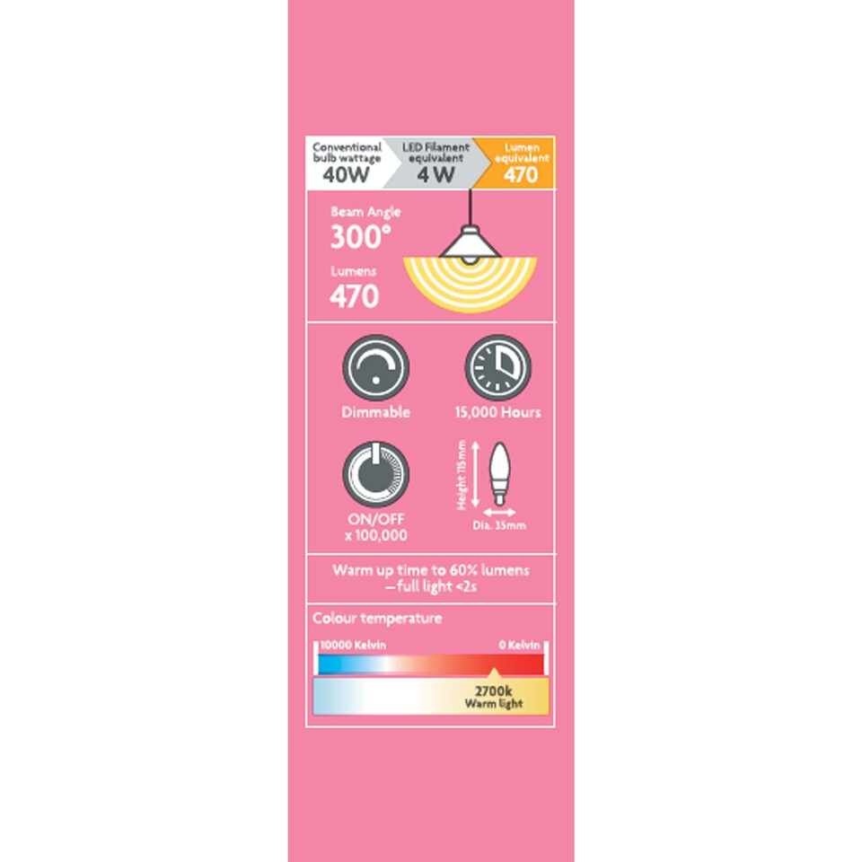 Morrisons LED Filament Candle 470 Lumens Sbc 4W Dimmable Light Bulb ...