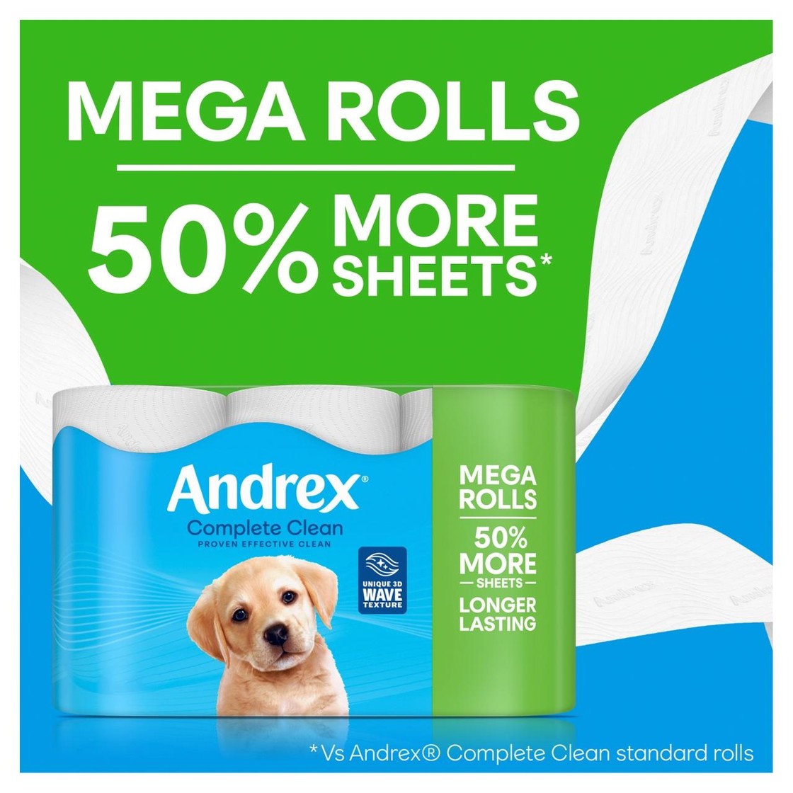 Andrex Complete Clean Toilet Tissue 12 Mega Rolls 50% More Sheets ...