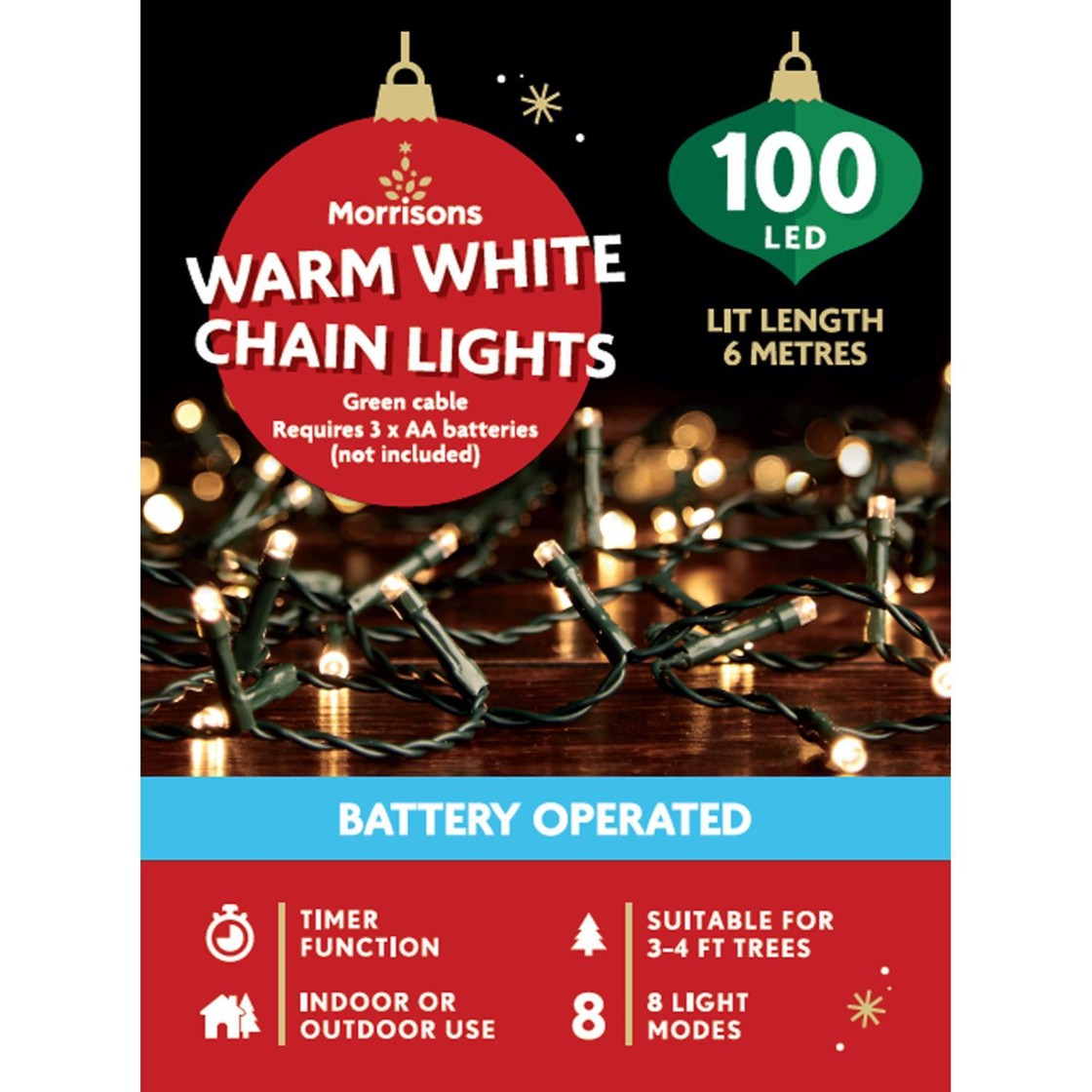 Morrisons 100 Led Battery Operated Lights Warm White/ Green Cable ...