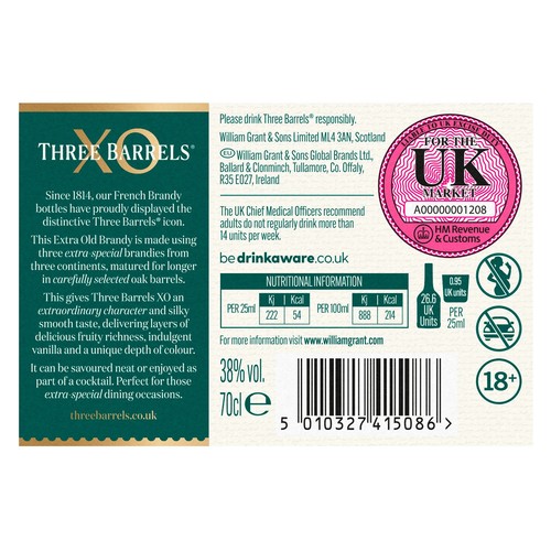 Three Barrels XO Rare Extra Old French Brandy 70CL - Morrisons Online ...